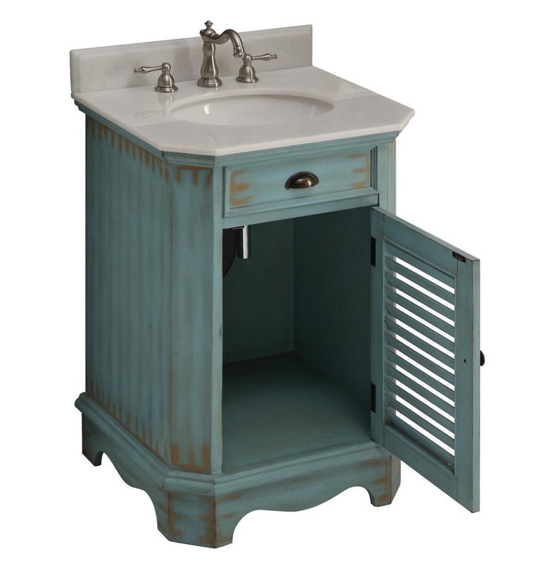 24 Inch Farmhouse Style Distressed Blue Bathroom Vanity With Marble Top ...