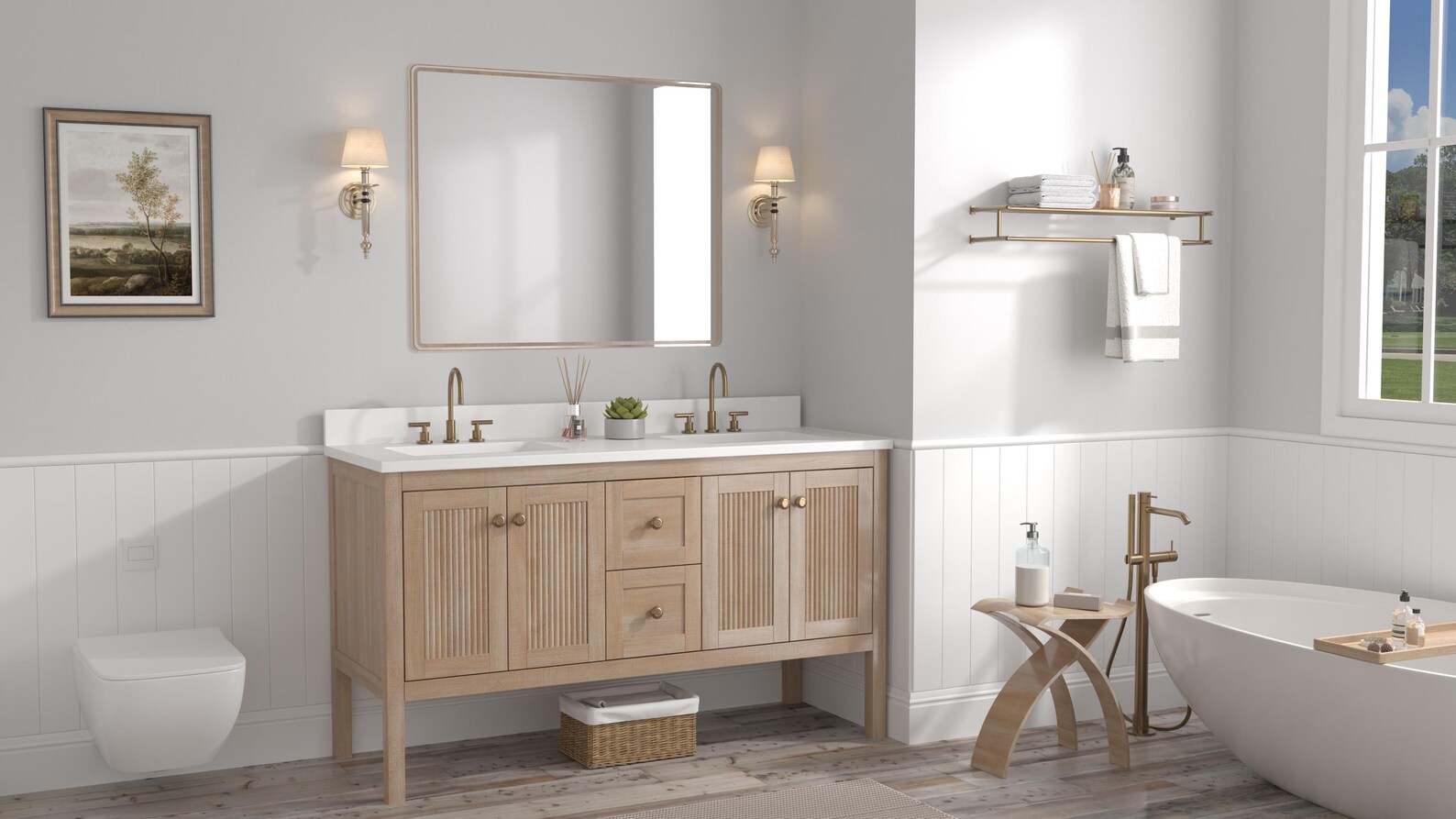 60 Inch Modern Light Oak Sera Double Sink Bathroom Vanity With White ...