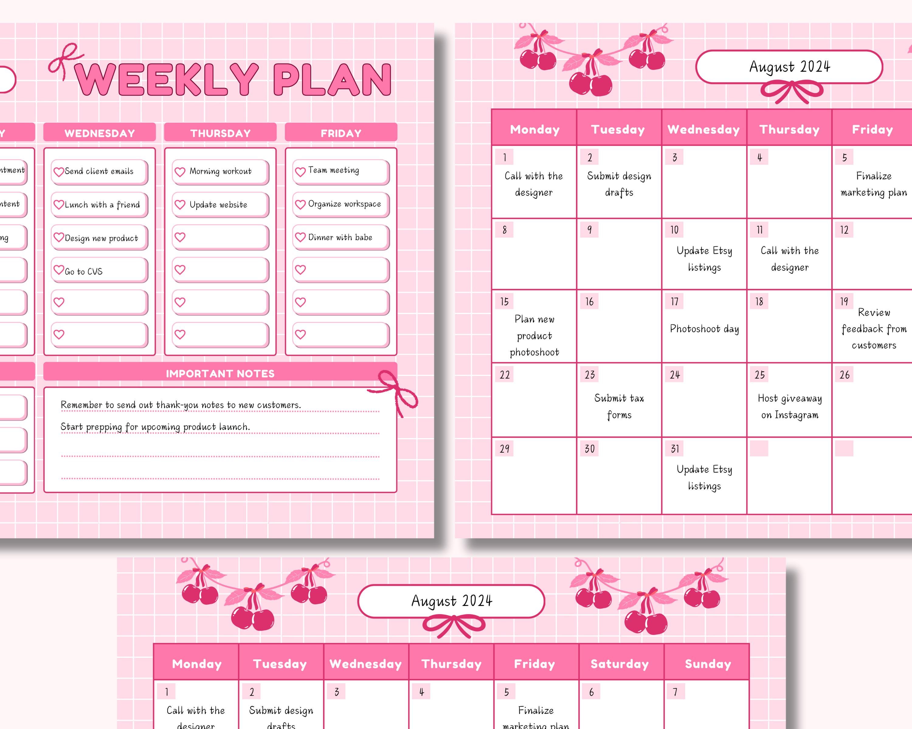Coquette Bow Printable Weekly Planner, Monthly Planner, Cute Bow ...