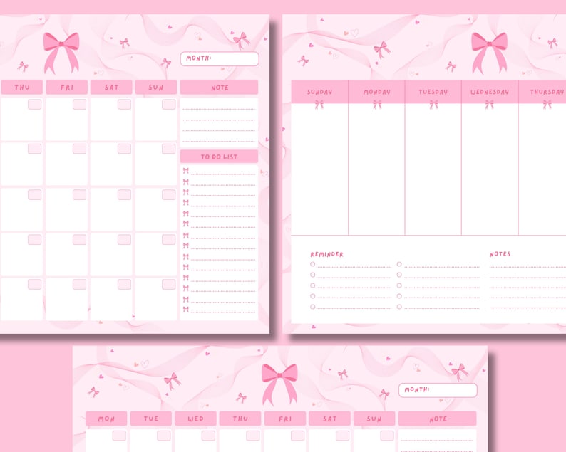 Coquette Bow Weekly & Monthly Planner Kawaii Printable Planner Cute to ...