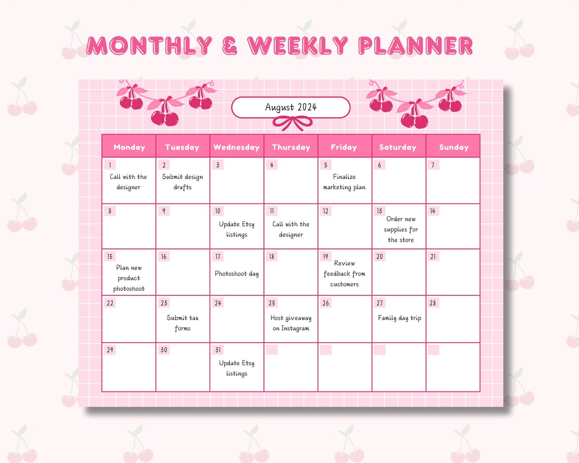 Coquette Bow Printable Weekly Planner, Monthly Planner, Cute Bow ...