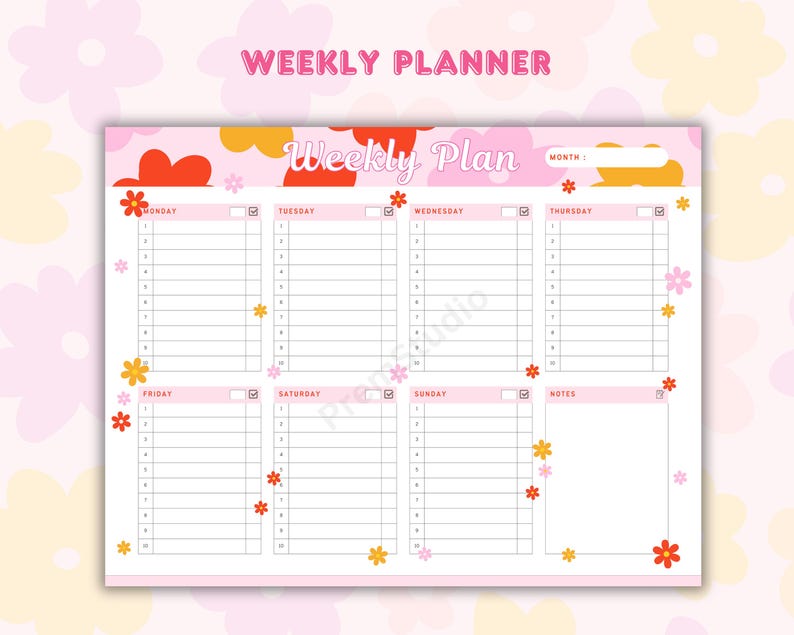 Cute Floral Weekly Planner, Kawaii Printable Planner, Printable Digital ...