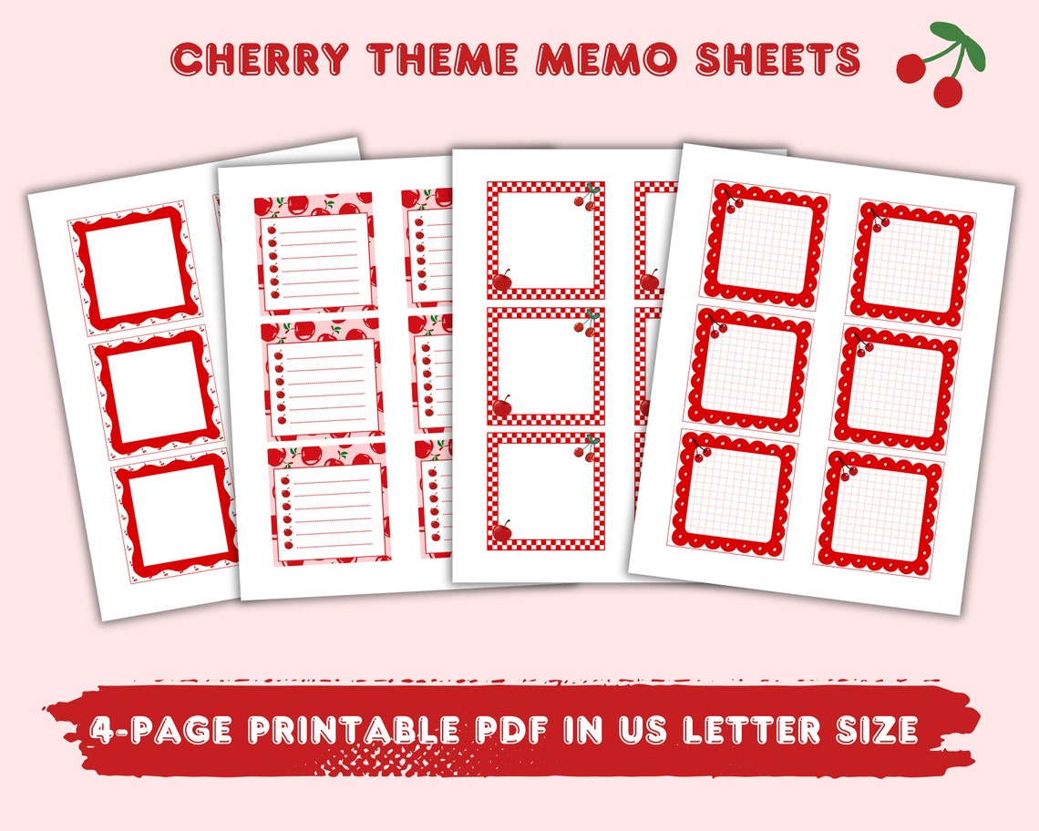 Cherry Notepad Printable, 3x3 Inch Cherry Theme Memo Pad, Kawaii Lined ...