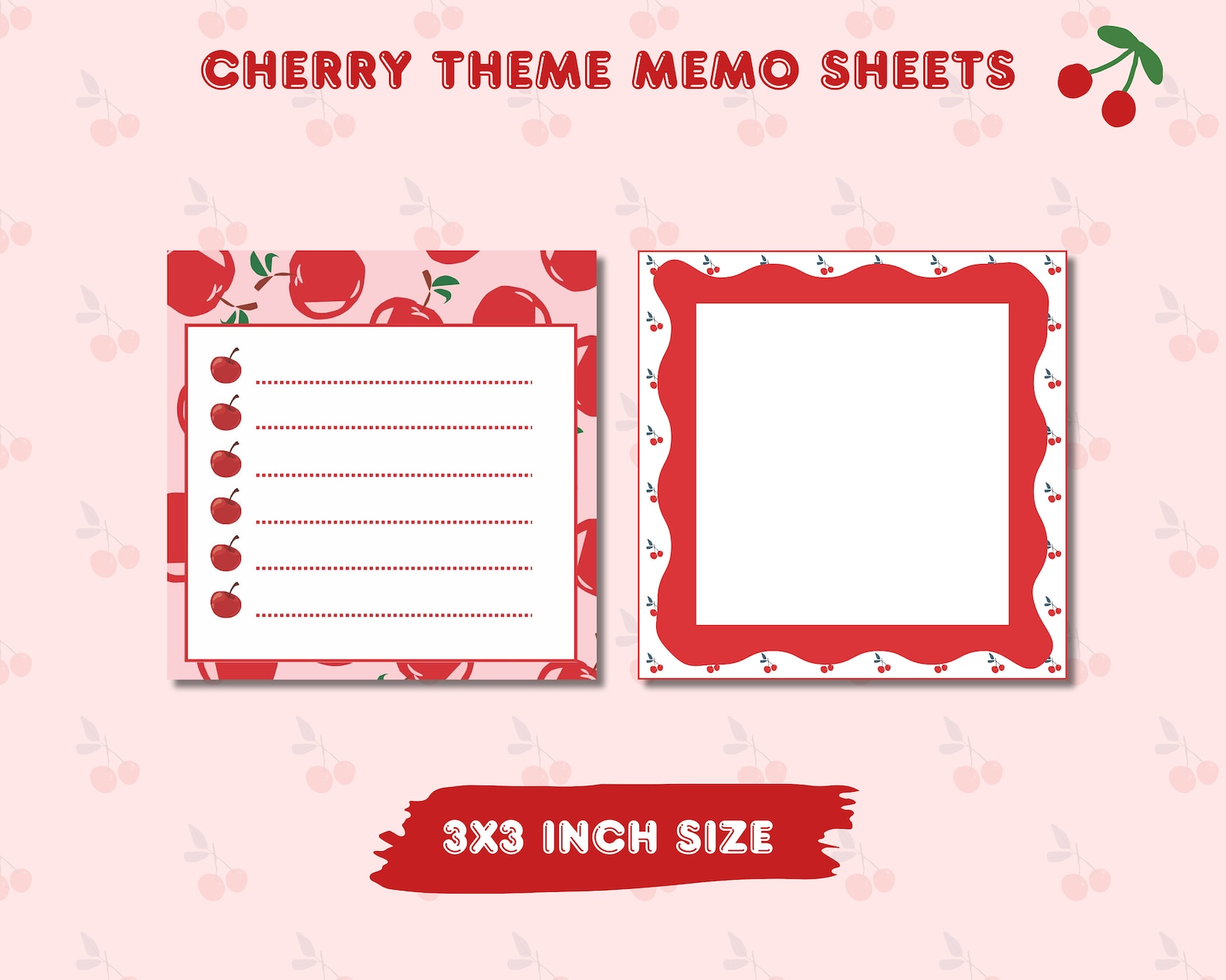 Cherry Notepad Printable, 3x3 Inch Cherry Theme Memo Pad, Kawaii Lined ...
