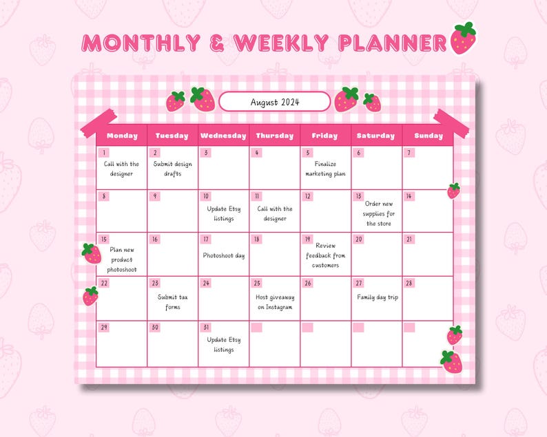 Strawberry Printable Weekly Planner Monthly Planner Cute Printable ...