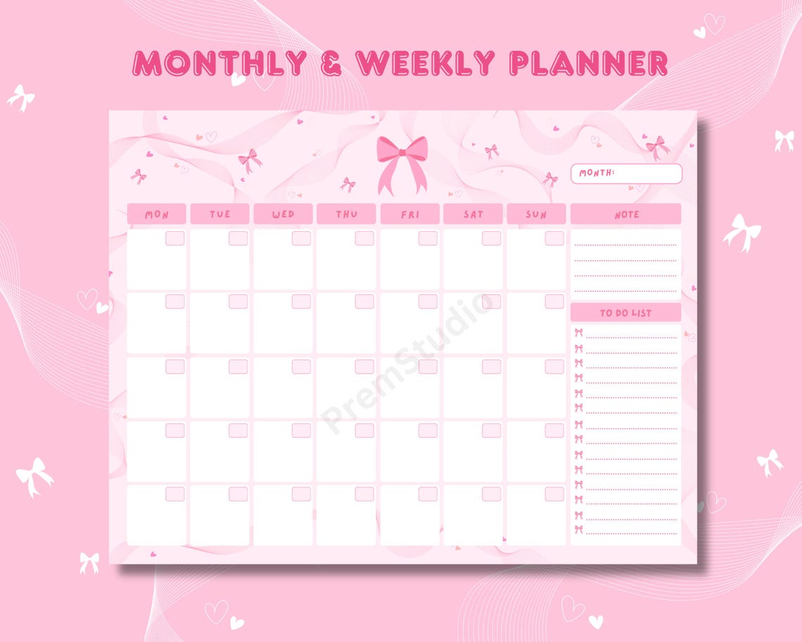 Coquette Bow Weekly & Monthly Planner Kawaii Printable Planner Cute to ...