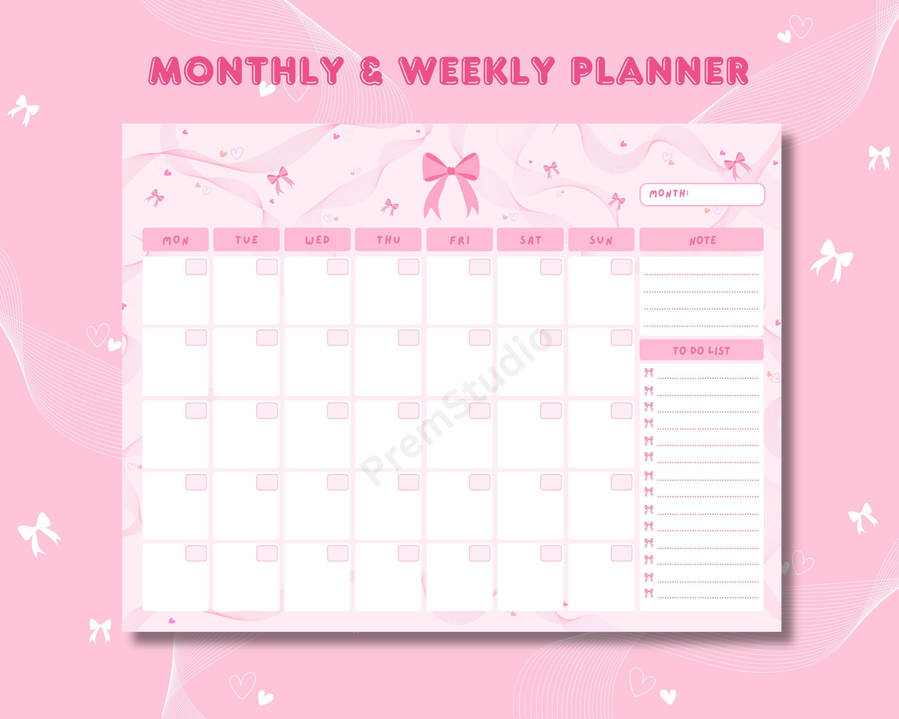 Coquette Bow Weekly & Monthly Planner Kawaii Printable Planner Cute to ...