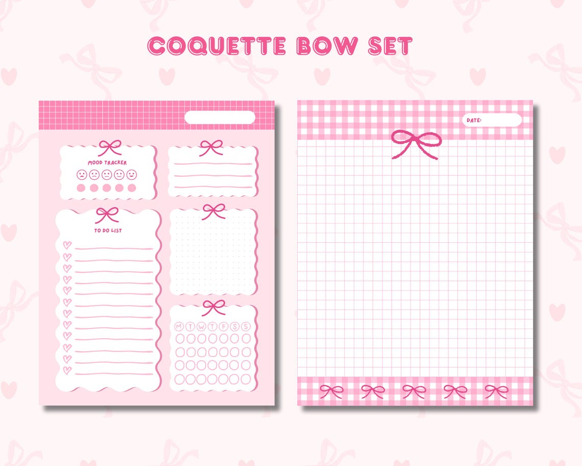 Pink Coquette Bow Note Paper Set, Bow Notepad, Printable Planner ...