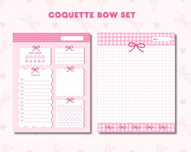 Pink Coquette Bow Note Paper Set, Bow Notepad, Printable Planner ...