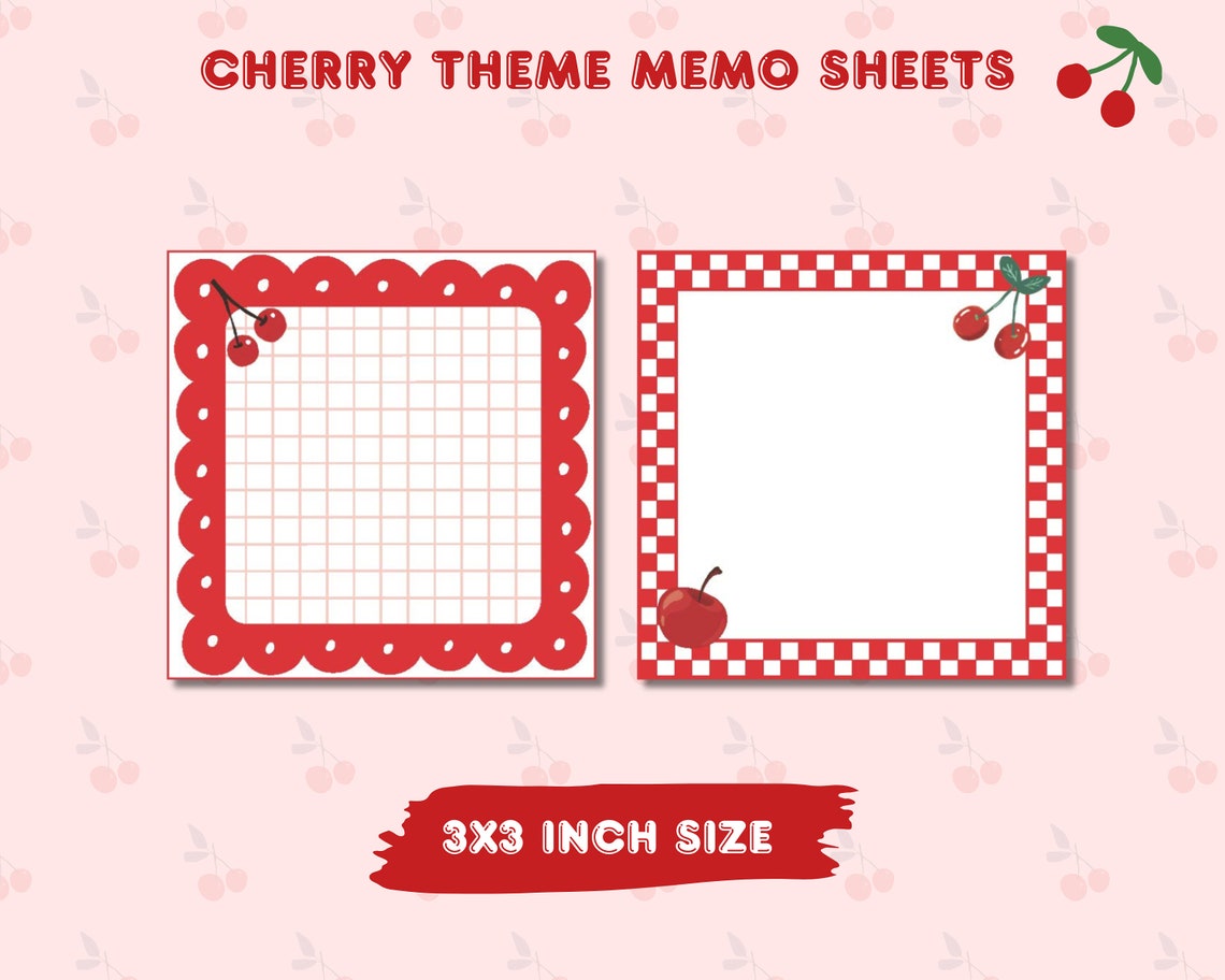 Cherry Notepad Printable, 3x3 Inch Cherry Theme Memo Pad, Kawaii Lined Memo Sheets, Digital ...