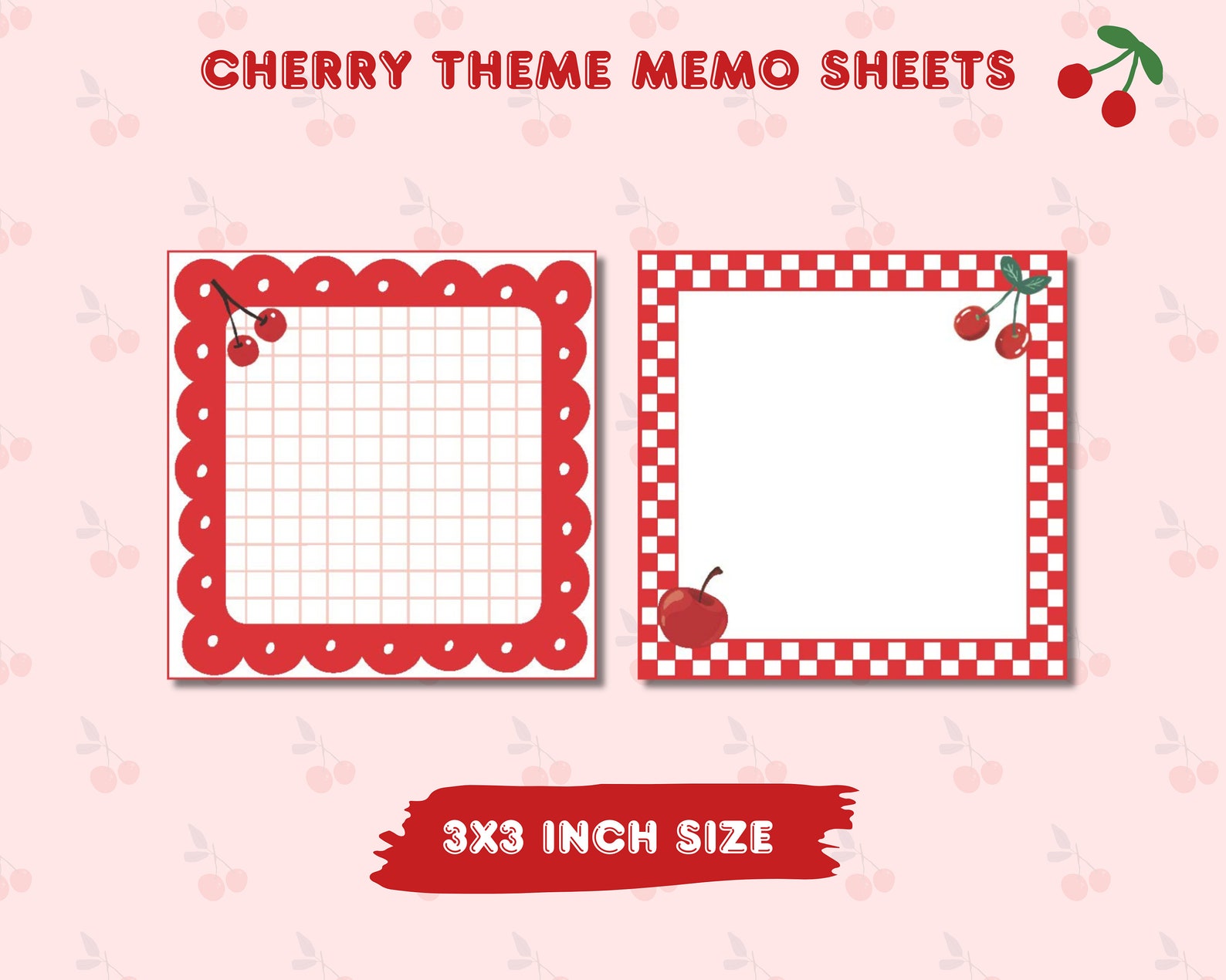 Cherry Notepad Printable, 3x3 Inch Cherry Theme Memo Pad, Kawaii Lined ...