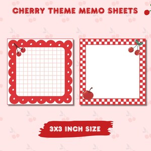 Cherry Notepad Printable, 3x3 Inch Cherry Theme Memo Pad, Kawaii Lined ...