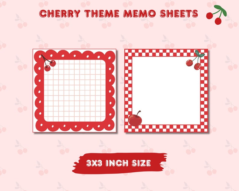 Cherry Notepad Printable, 3x3 Inch Cherry Theme Memo Pad, Kawaii Lined ...