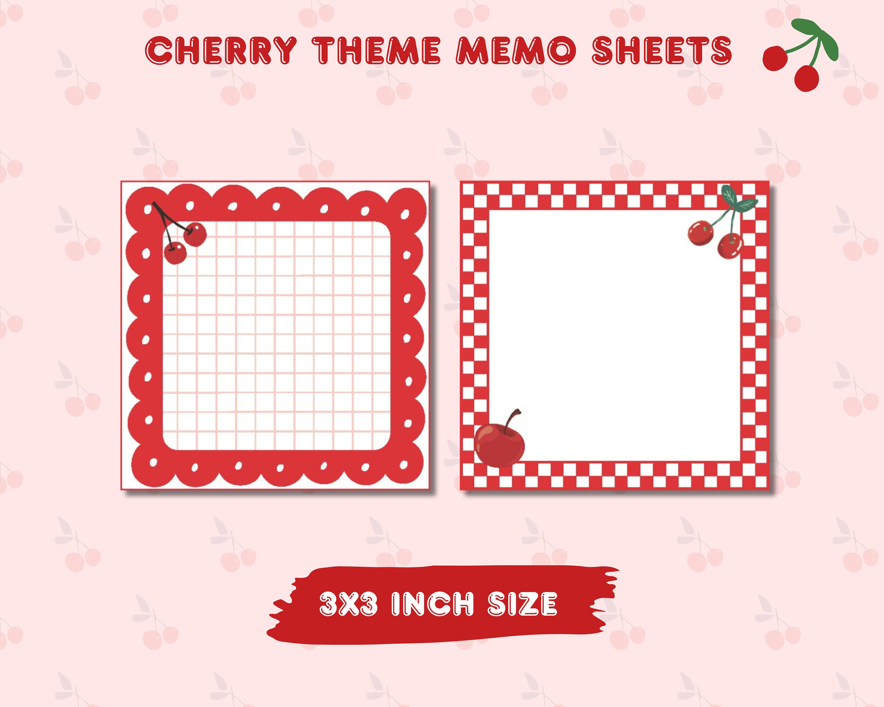 Cherry Notepad Printable, 3x3 Inch Cherry Theme Memo Pad, Kawaii Lined ...