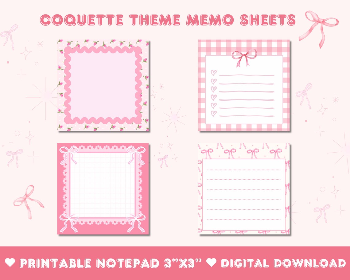Coquette Theme Printable Notepad Digital Note Pad Cute Stationery ...