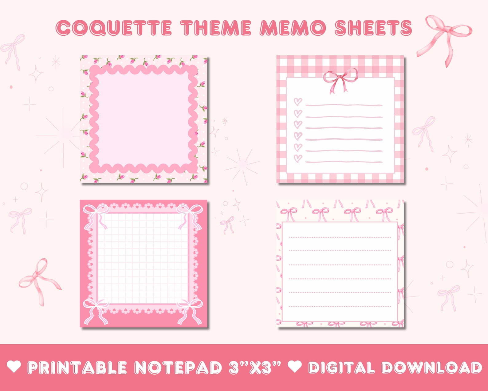 Coquette Theme Printable Notepad Digital Note Pad Cute Stationery ...
