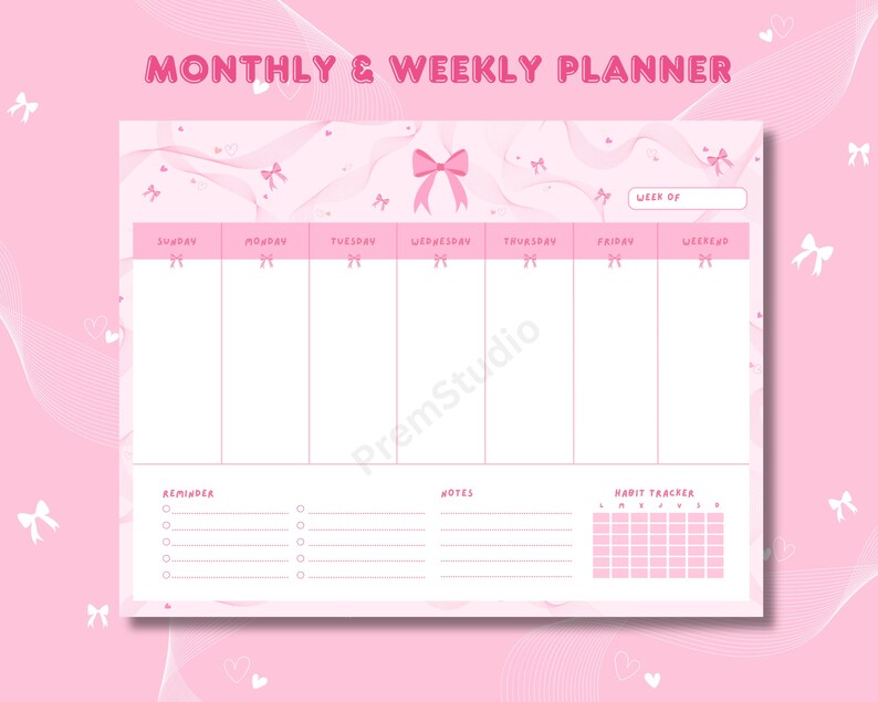 Coquette Bow Weekly & Monthly Planner Kawaii Printable Planner Cute to ...