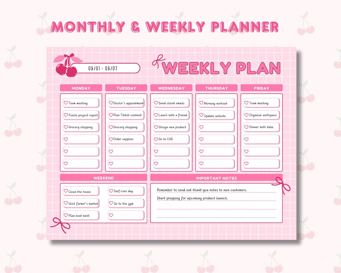 Coquette Bow Printable Weekly Planner, Monthly Planner, Cute Bow ...