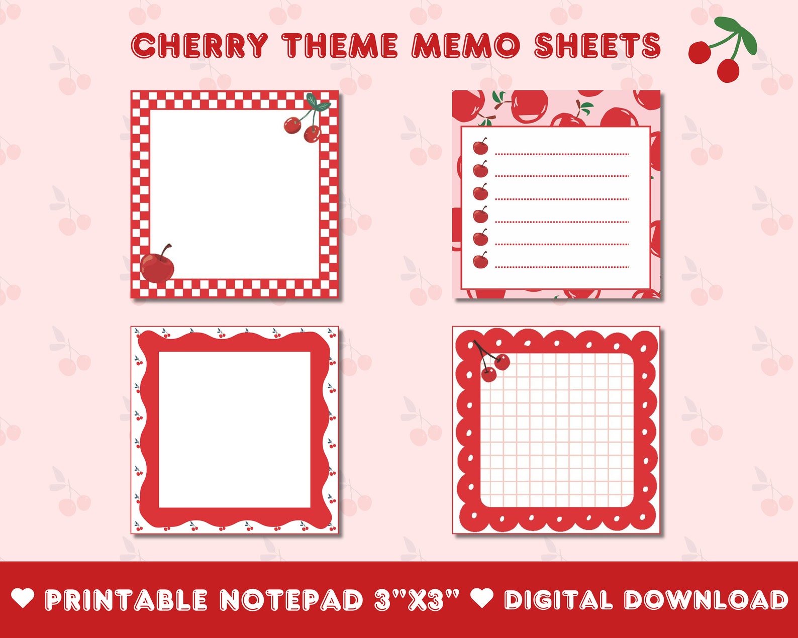 Cherry Notepad Printable, 3x3 Inch Cherry Theme Memo Pad, Kawaii Lined Memo Sheets, Digital ...