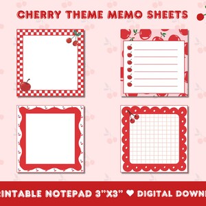 Cherry Notepad Printable, 3x3 Inch Cherry Theme Memo Pad, Kawaii Lined ...