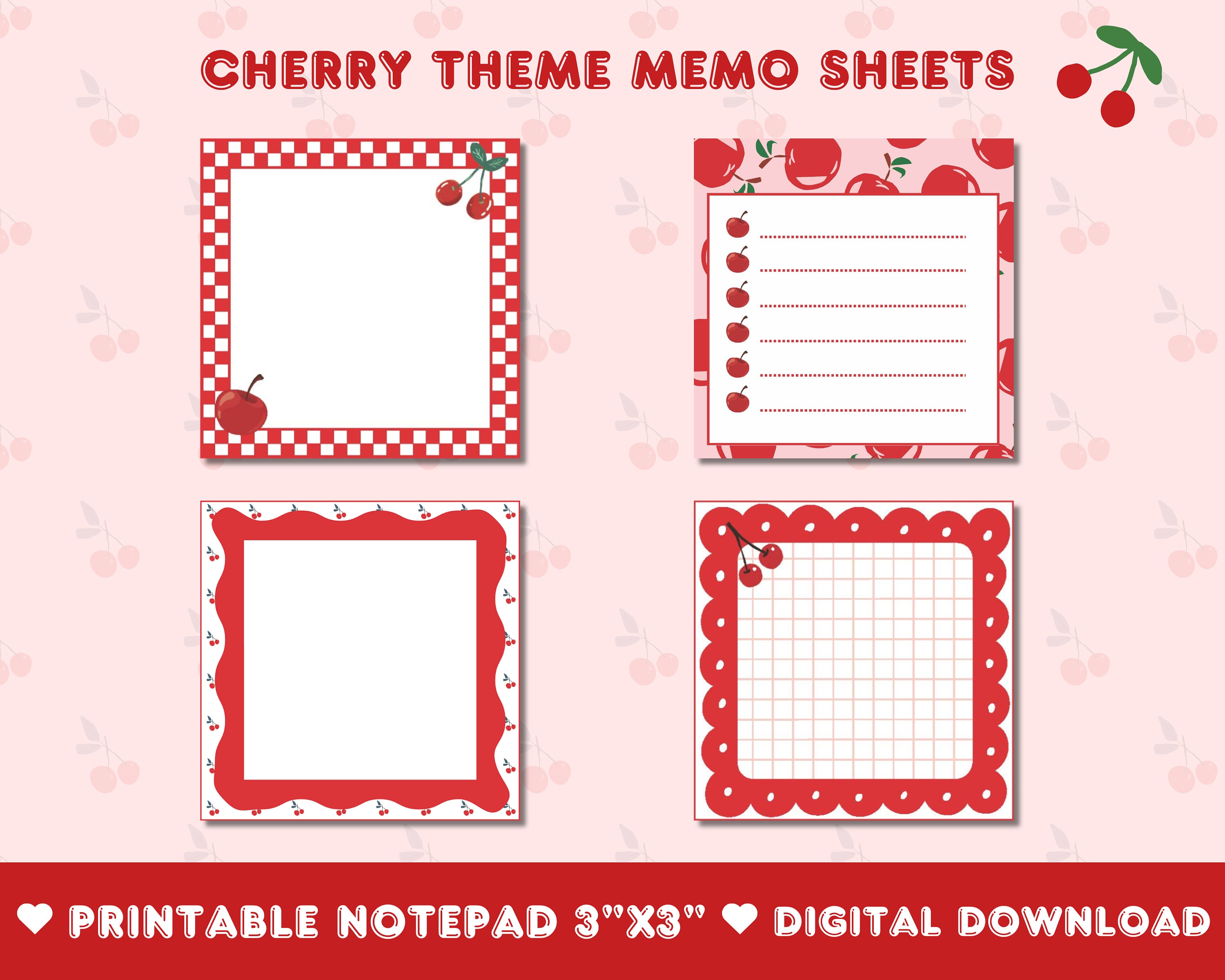 Cherry Notepad Printable, 3x3 Inch Cherry Theme Memo Pad, Kawaii Lined ...