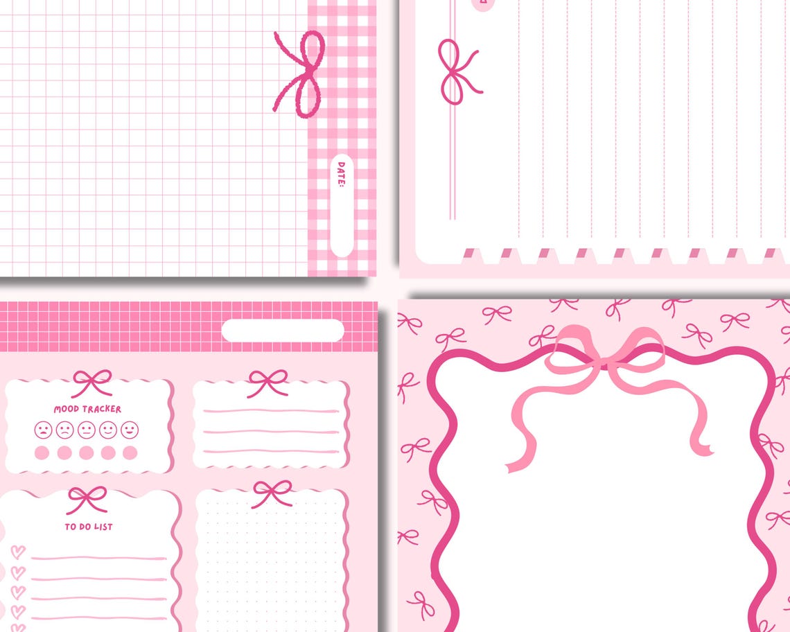 Pink Coquette Bow Note Paper Set, Bow Notepad, Printable Planner ...