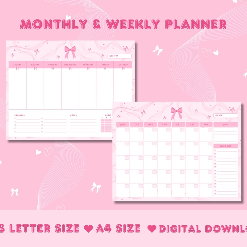 Pink Bow Weekly Calendar - Etsy