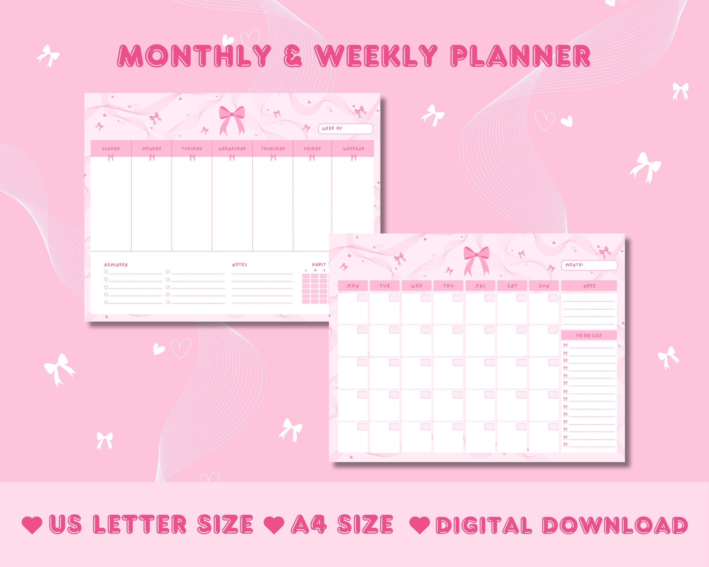 Coquette Bow Weekly & Monthly Planner Kawaii Printable Planner Cute to ...