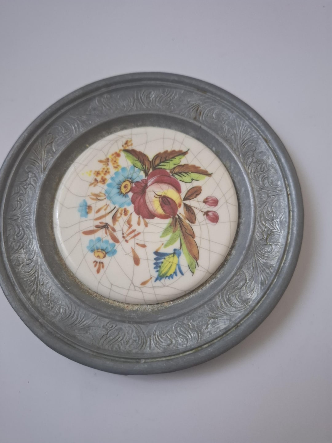 Small Angel Mark Vintage German Decorative Pewter Plate With Craquelure ...