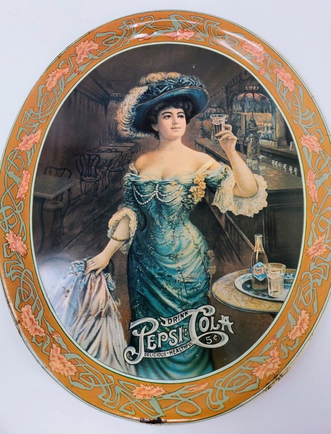 1983 Vintage Tin Oval Pepsi Cola Lady Gibson Girl in Blue Tip Serving ...