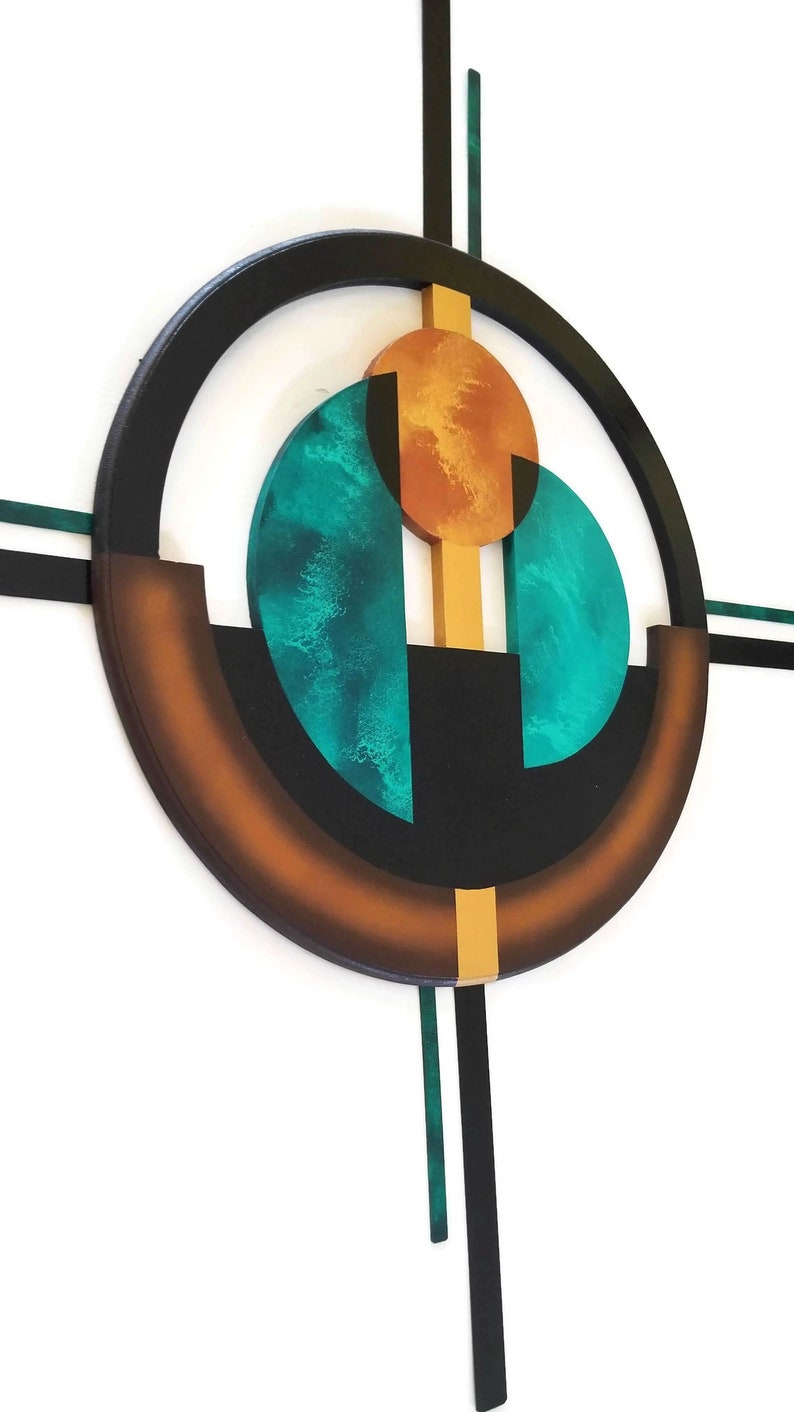 Mid Century Modern Circle Teal and Brown Circle Wall Art - Etsy