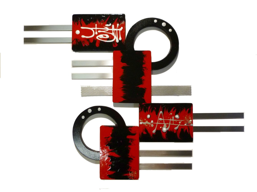 Modern Contemporary Razzy Red Wood Wall Hanging, Red and Black Abstract ...