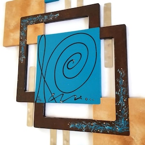 Contemporary 7 Square Design Turquoise Wall Sculpture With Brushed ...