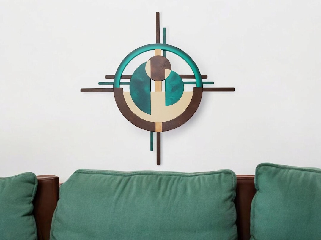 Mid-century Modern Circle Wall Art, Teal Green and Brown Circle Wall ...