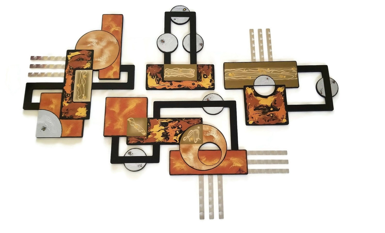 Geometric Textured Tempo Wall Sculpture, Modern Abstract Wood and Metal ...