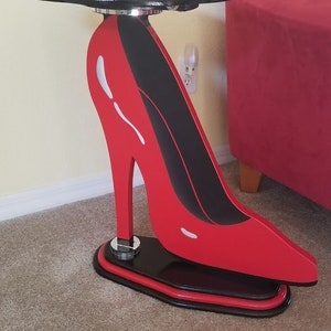 Stylish Red Shoe Table With Mirror Accents, Red High Heel Shoe Table by ...