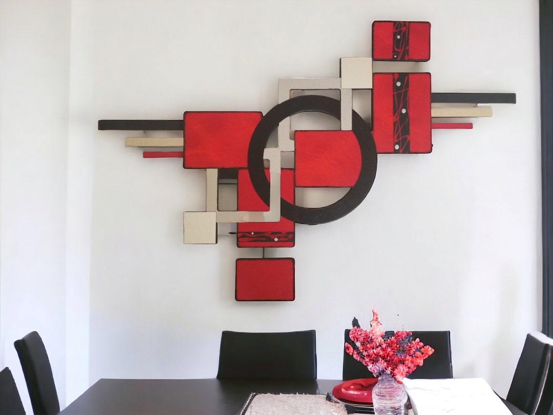 Sassy Red and Black Abstract Wood Metal and Mirror Wall Sculpture 40x27 ...