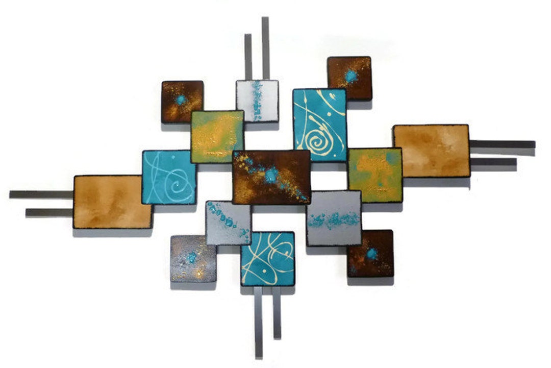 Turquoise Contemporary Modern Square Wall Sculpture, Turquoise & Brown ...