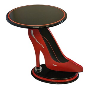 Stylish Red Shoe Table With Mirror Accents, Red High Heel Shoe Table by ...
