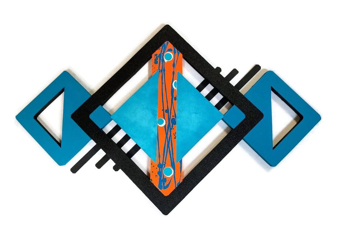 Turquoise and Orange Square, Contemporary Abstract Wall Art, Wood and ...