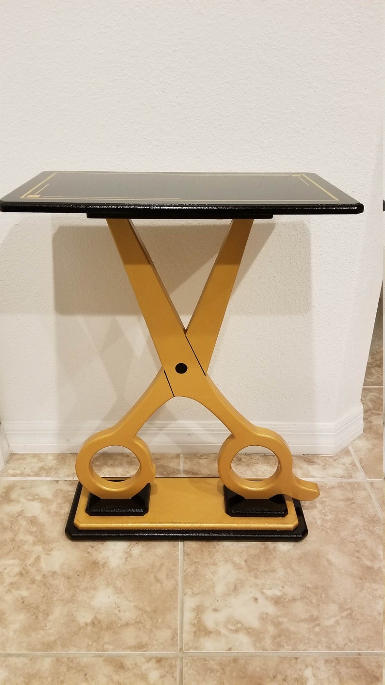 Unique 3D Barber Scissor Table, Gold and Black Sculpture End Table, Contemporary Hair Salon ...