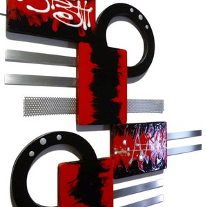 Modern Contemporary Razzy Red Wood Wall Hanging, Red and Black Abstract ...
