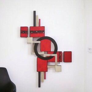 Sassy Red and Black Abstract Wood Metal and Mirror Wall Sculpture 40x27 ...