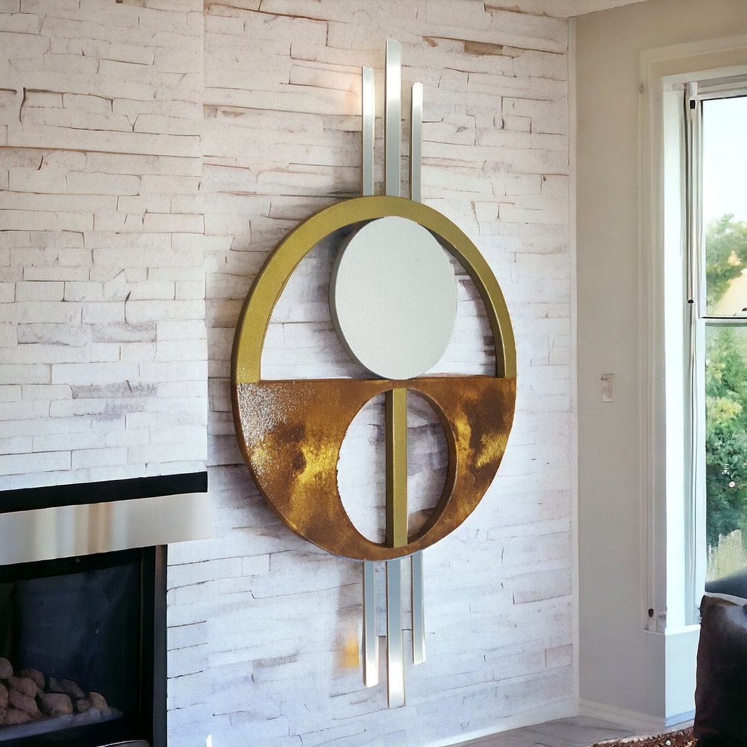 Mid Century Modern Circle Wall Art, Wood With Metal Wall Decor, Circle ...