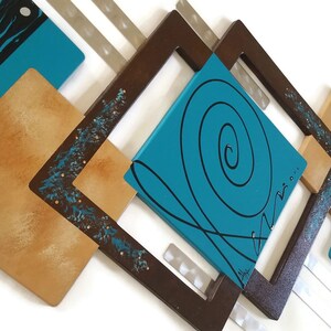 Contemporary 7 Square Design Turquoise Wall Sculpture With Brushed ...