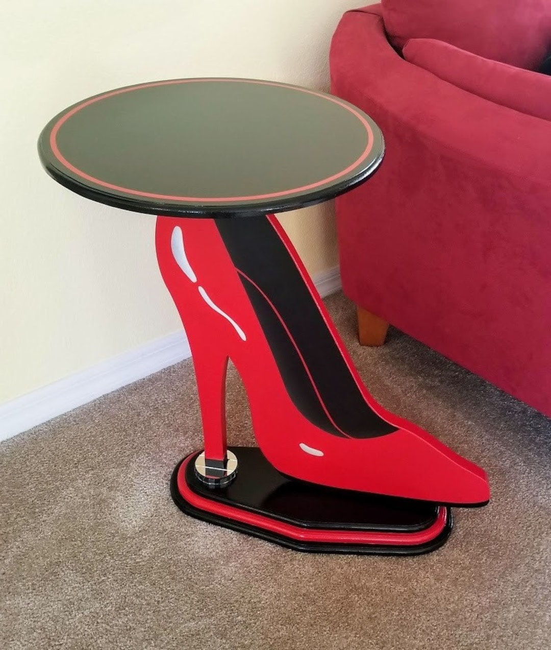 Stylish Red Shoe Table With Mirror Accents, Red High Heel Shoe Table by ...