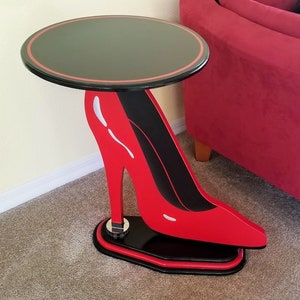 Stylish Red Shoe Table With Mirror Accents, Red High Heel Shoe Table by ...