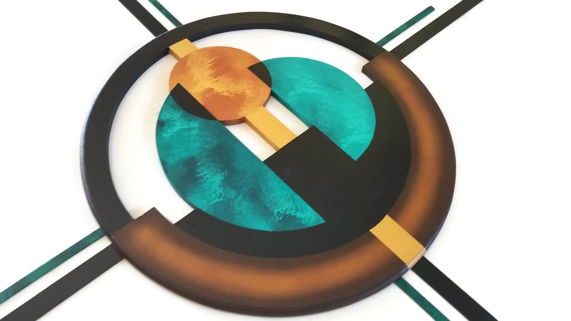 Mid Century Modern Circle Teal and Brown Circle Wall Art - Etsy