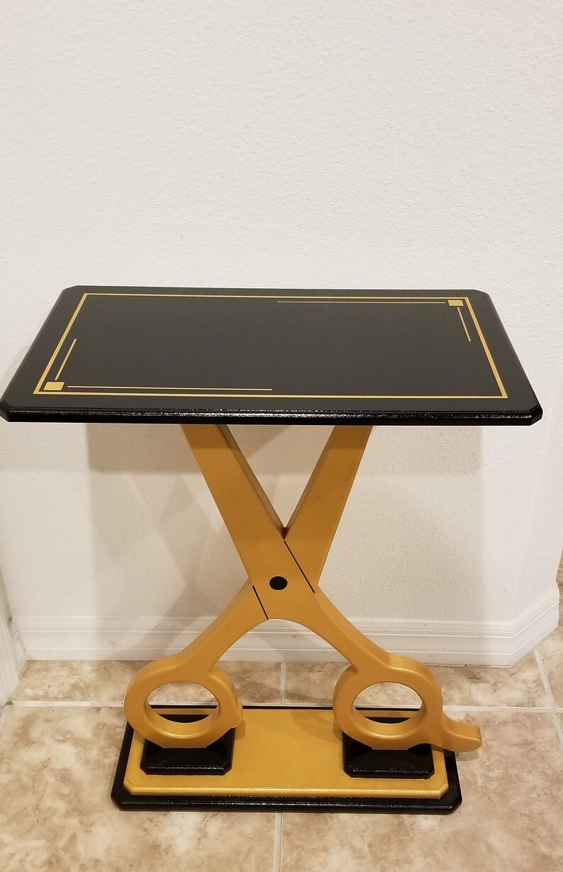 Unique 3D Barber Scissor Table, Gold and Black Sculpture End Table, Contemporary Hair Salon ...