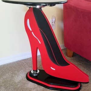 Stylish Red Shoe Table With Mirror Accents, Red High Heel Shoe Table by ...